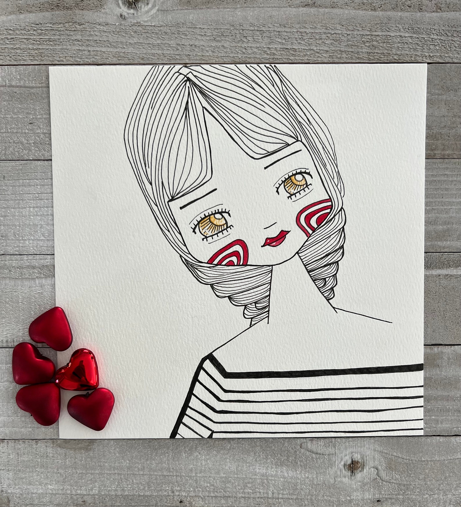 Watercolor Ink Line Drawing Painting Illustration Girl Red Cheeks ...