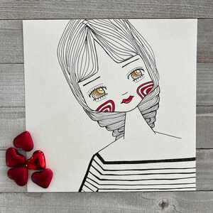 Watercolor Ink Line Drawing Painting Illustration Girl Red Cheeks ...