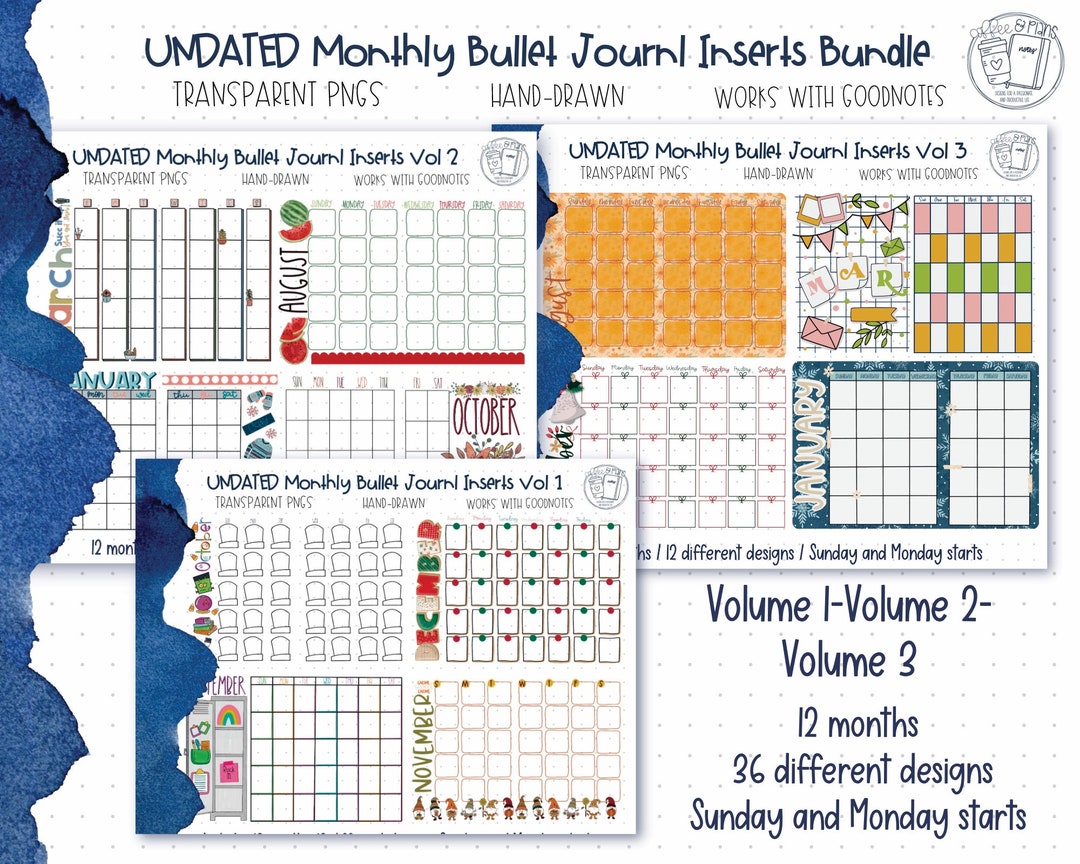 UNDATED Digital Monthly Bullet Journal Inserts BUNDLE Volumes ONE, Two ...