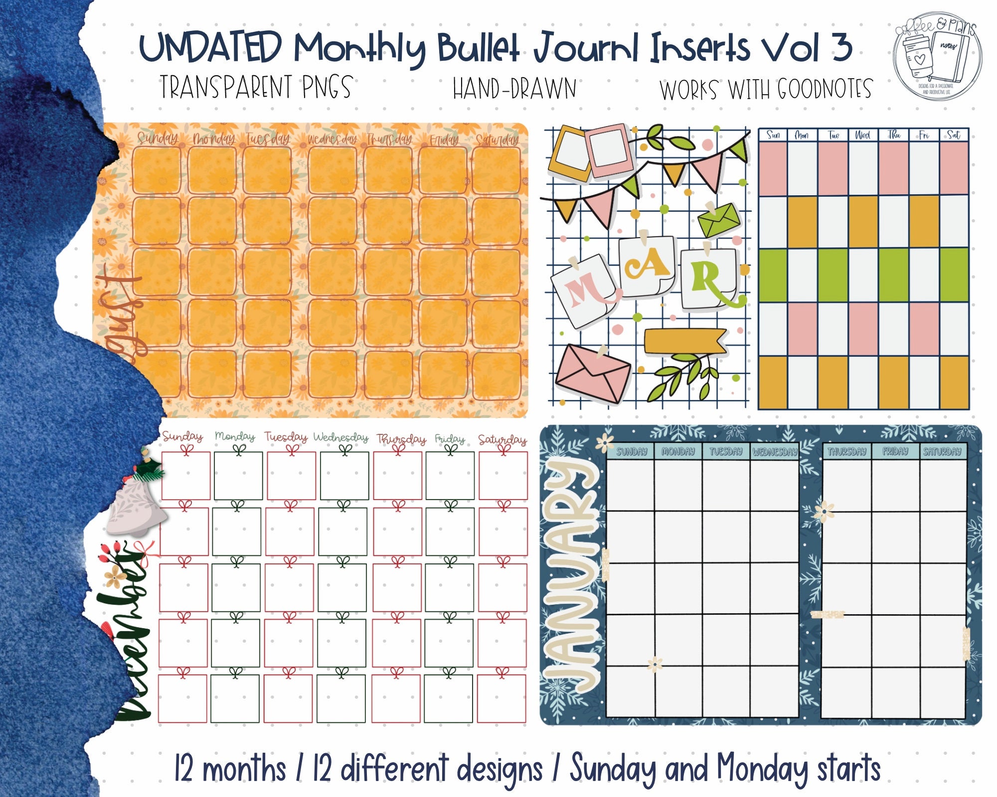 UNDATED Digital Monthly Bullet Journal Inserts BUNDLE Volumes ONE, Two ...