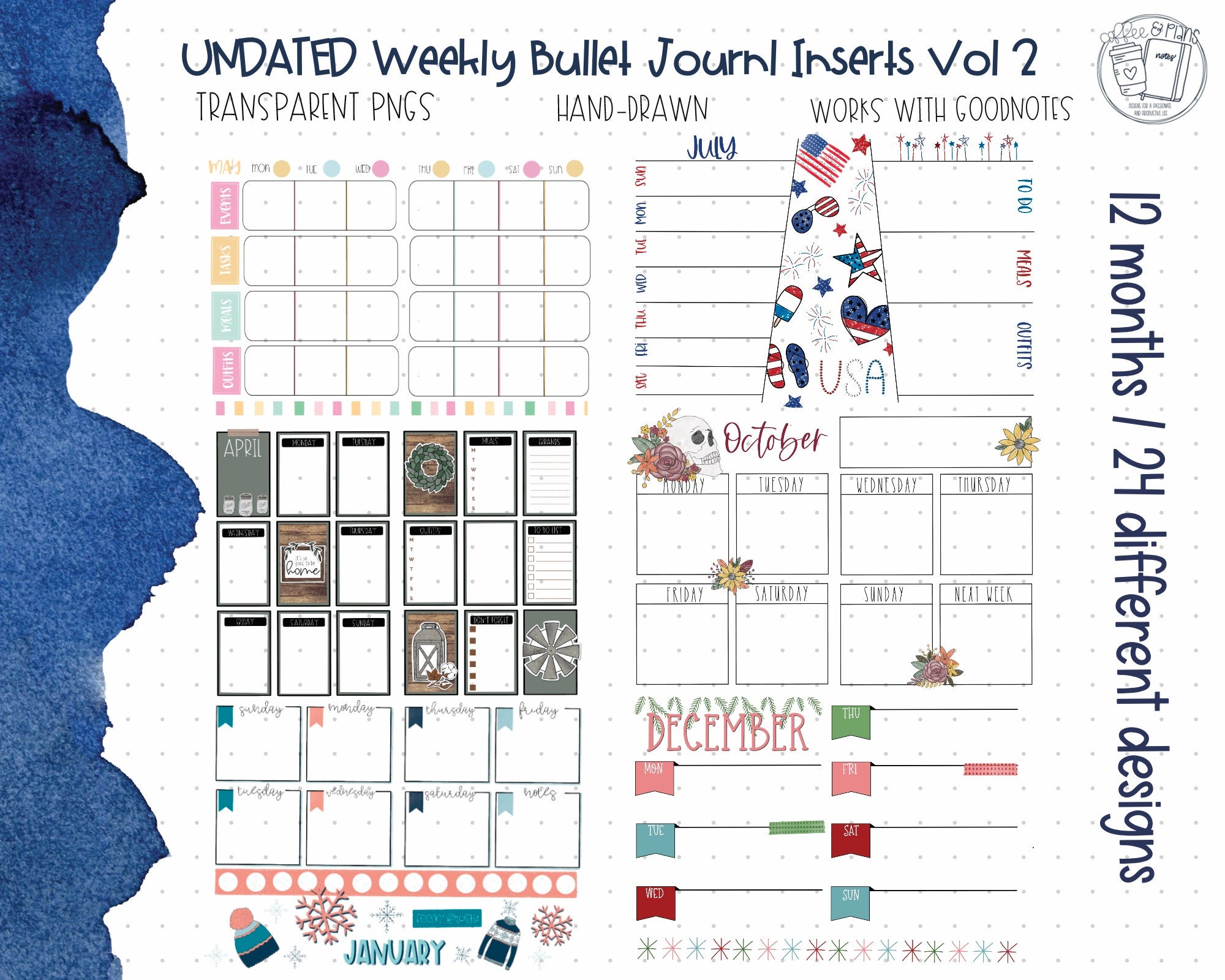 UNDATED Digital WEEKLY Bullet Journal Inserts BUNDLE Volumes One, Two ...