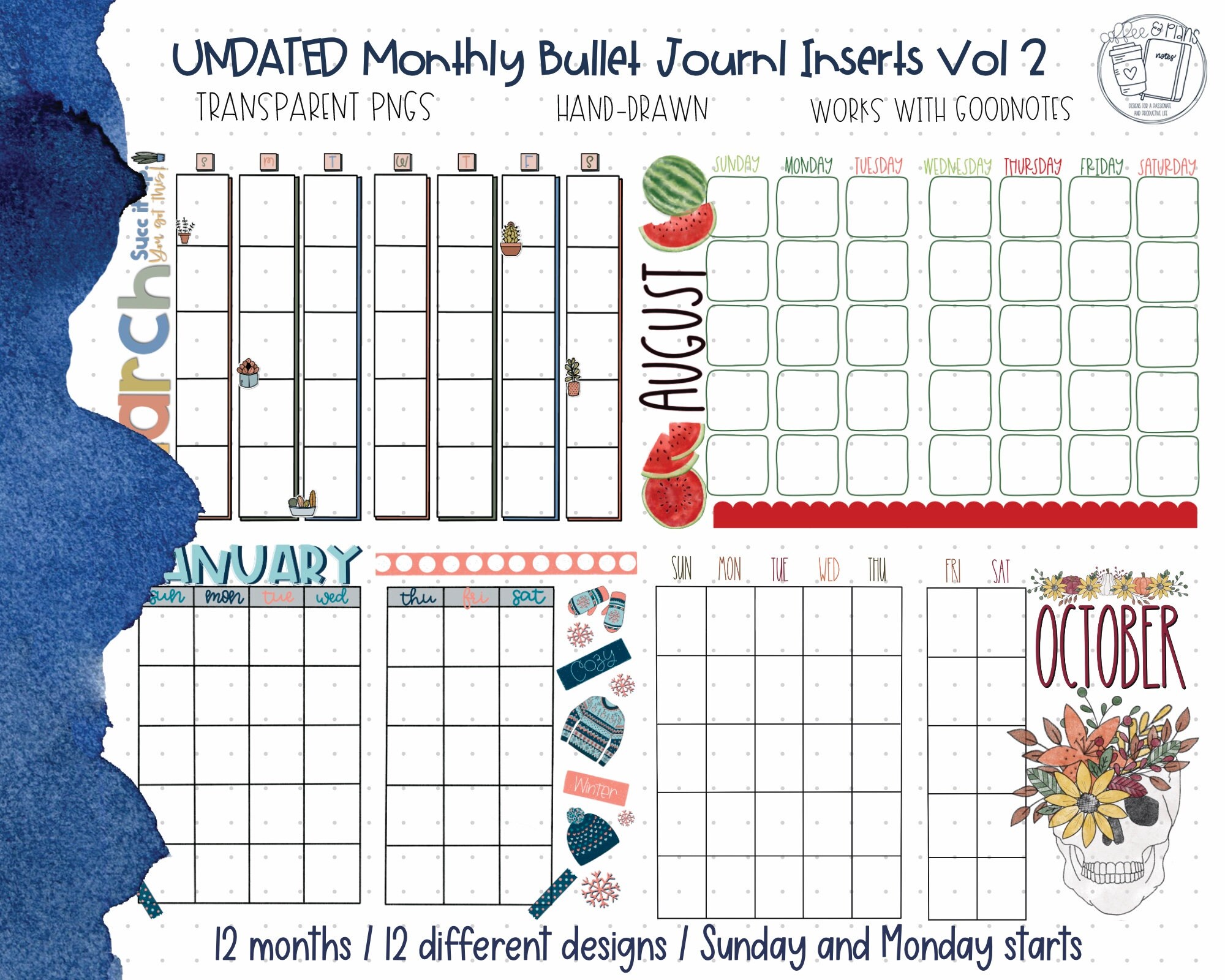 UNDATED Digital Monthly Bullet Journal Inserts BUNDLE Volumes ONE, Two ...