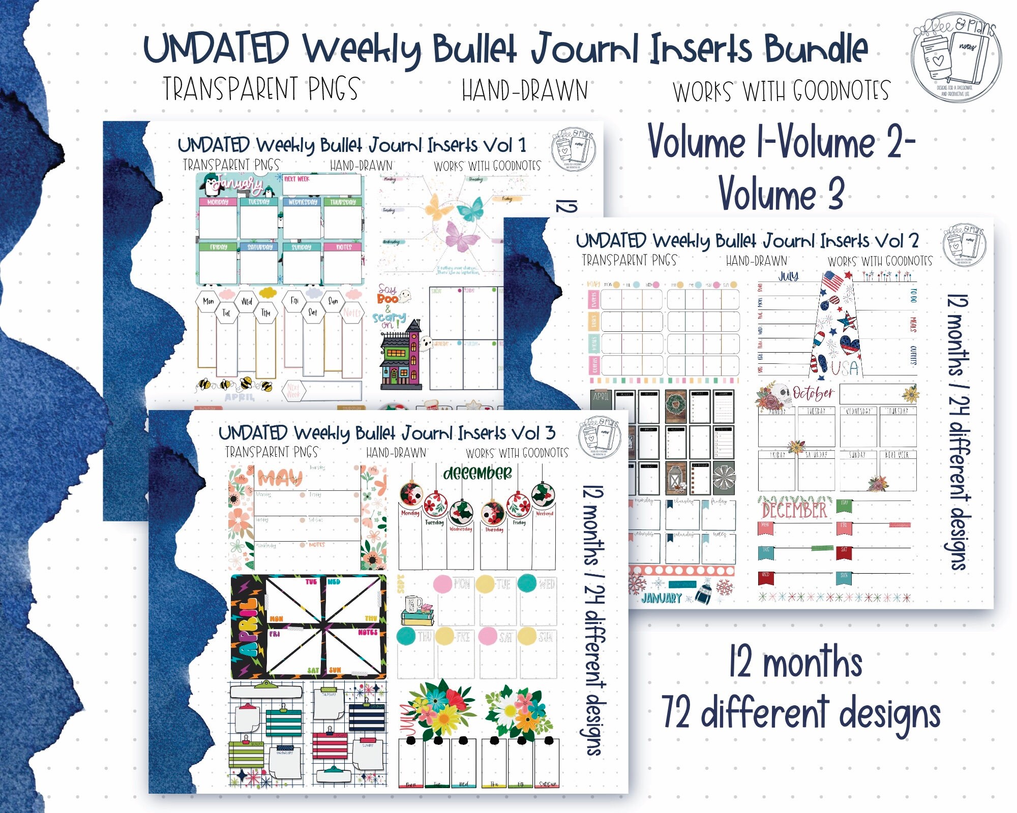 UNDATED Digital WEEKLY Bullet Journal Inserts BUNDLE Volumes One, Two ...
