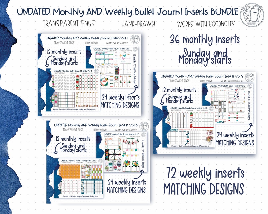 UNDATED Digital WEEKLY Bullet Journal Inserts BUNDLE Volumes One, Two ...