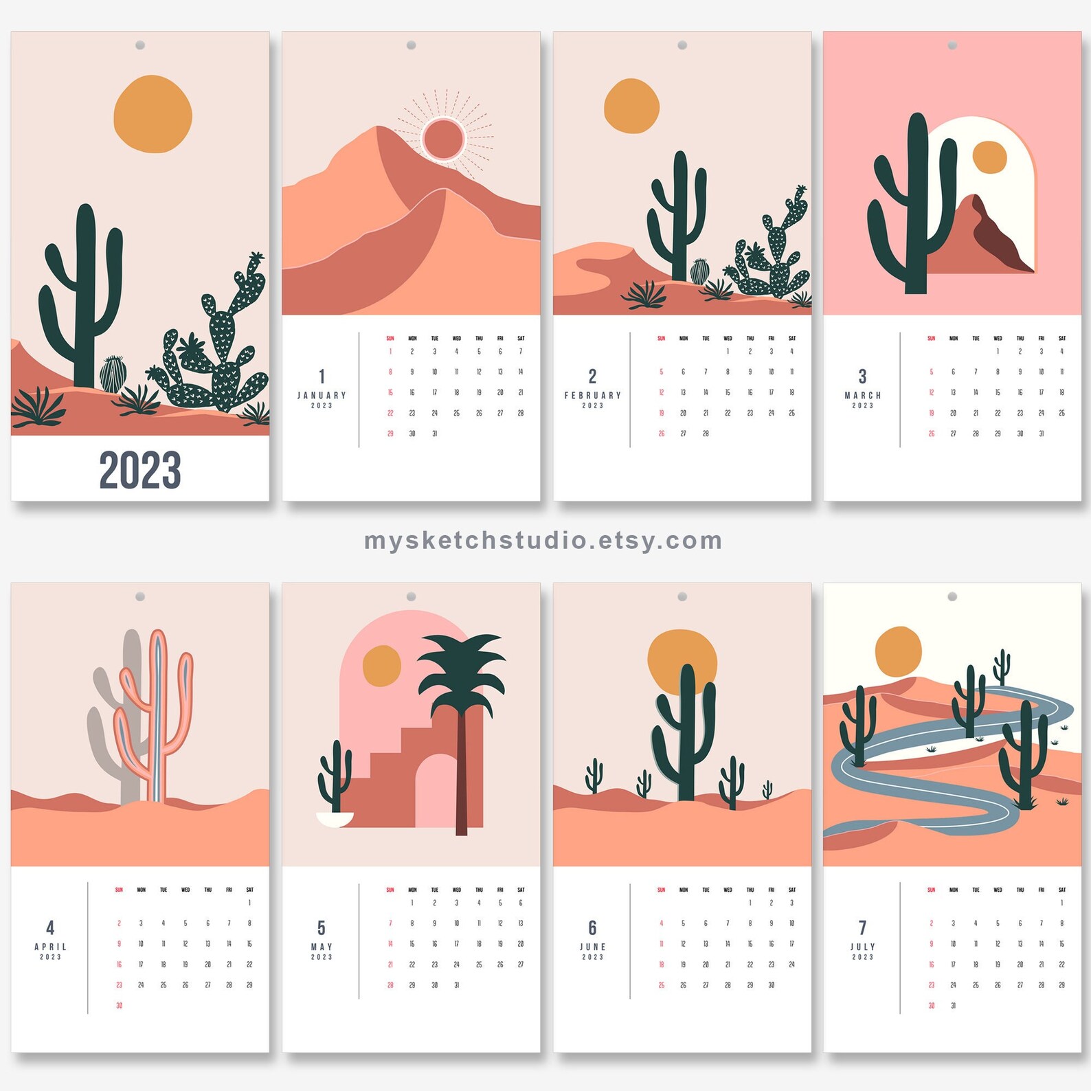 2023 Mid Century Modern Desert Landscape Wall Calendar Day - Etsy