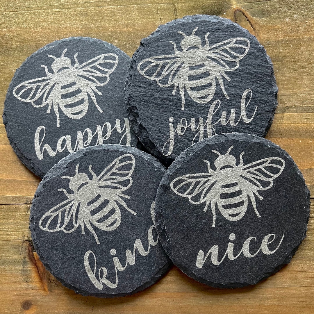 Bee Slate Coasters, Stone Bee Happy Joyful Kind Nice Coaster Set, Engraved Stone Beverage ...