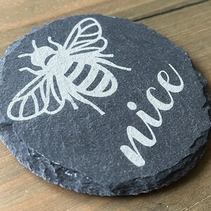 Bee Slate Coasters, Stone Bee Happy Joyful Kind Nice Coaster Set, Engraved Stone Beverage ...