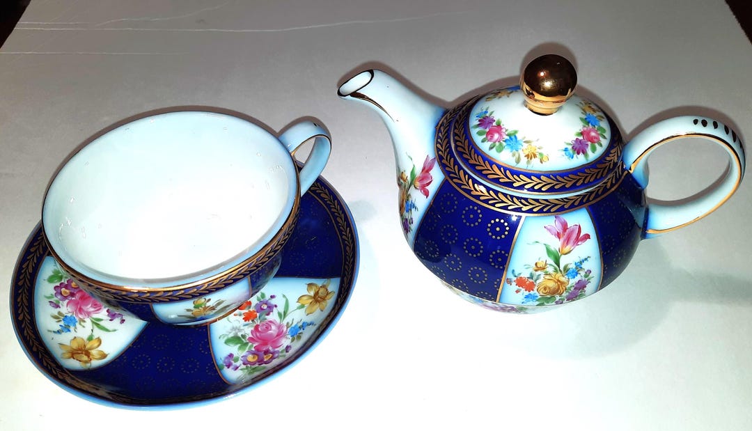 Vintage Lillian Vernon Porcelain Teapot, Teacup and Saucer Hand Painted ...