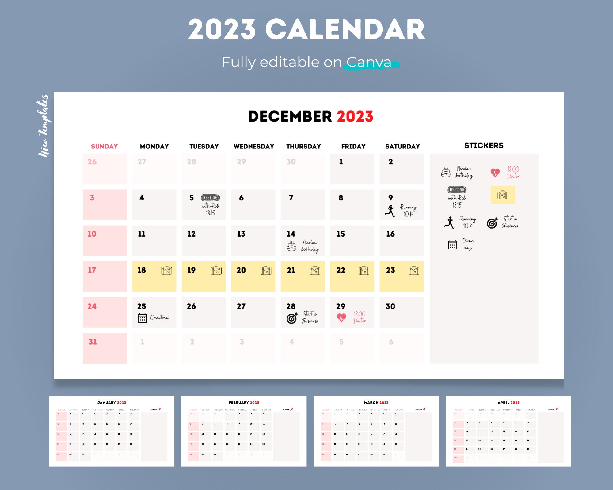 2023 Calendar Canva Template 100% Editable - Etsy