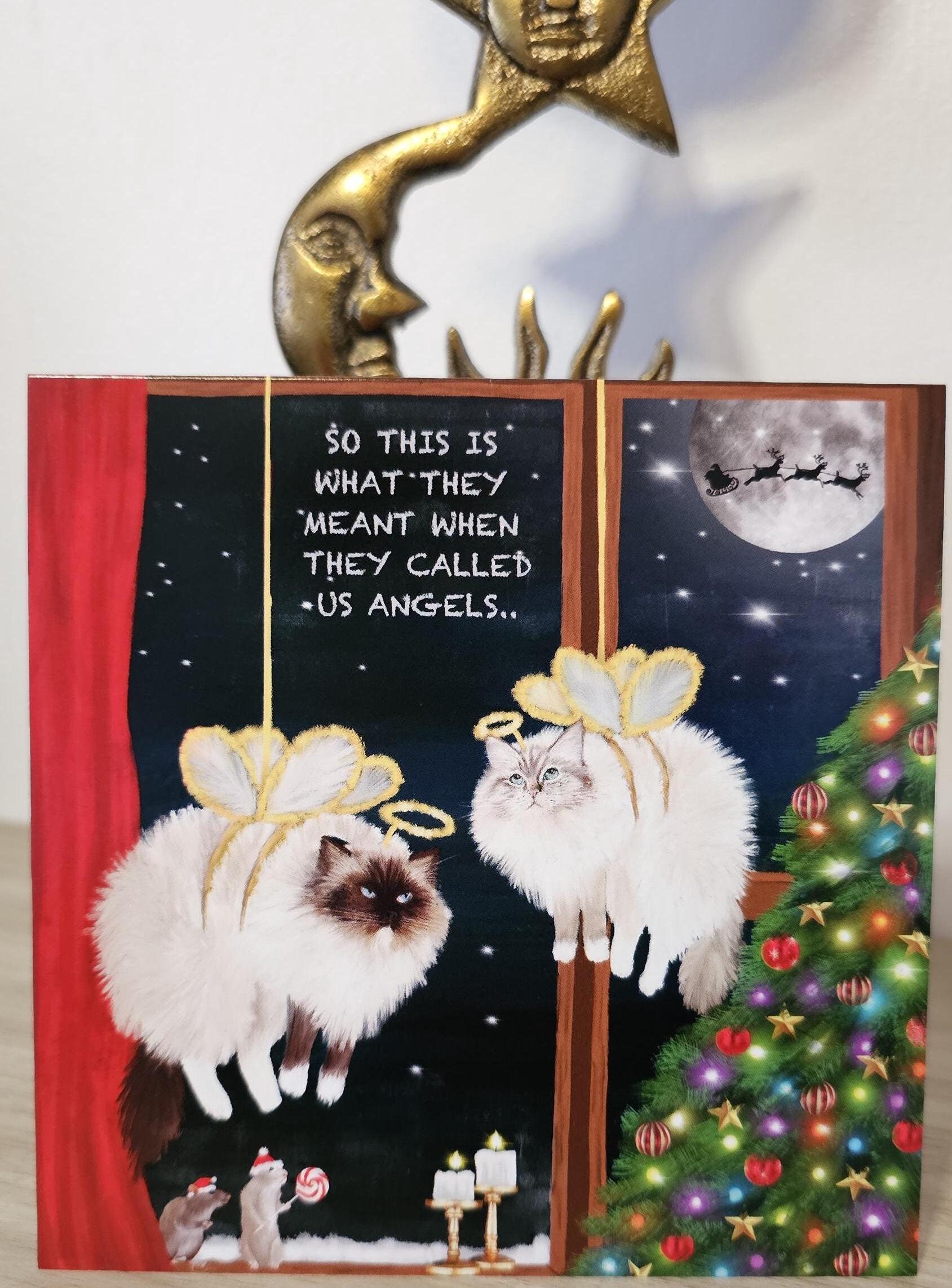 Funny Festive Ragdoll Cat Angels Christmas Card Snowy Window Scene for ...