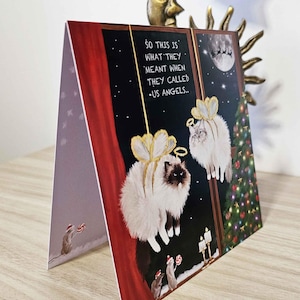 Funny Festive Ragdoll Cat Angels Christmas Card Snowy Window Scene for ...
