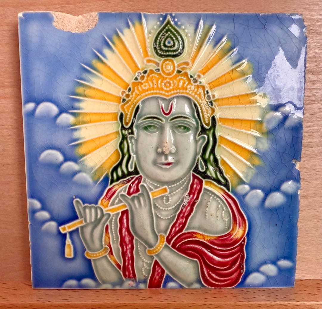 Krishna Ceramic Wall Tile, Hindu God Tile, Antique Art Deco Wall Tile ...