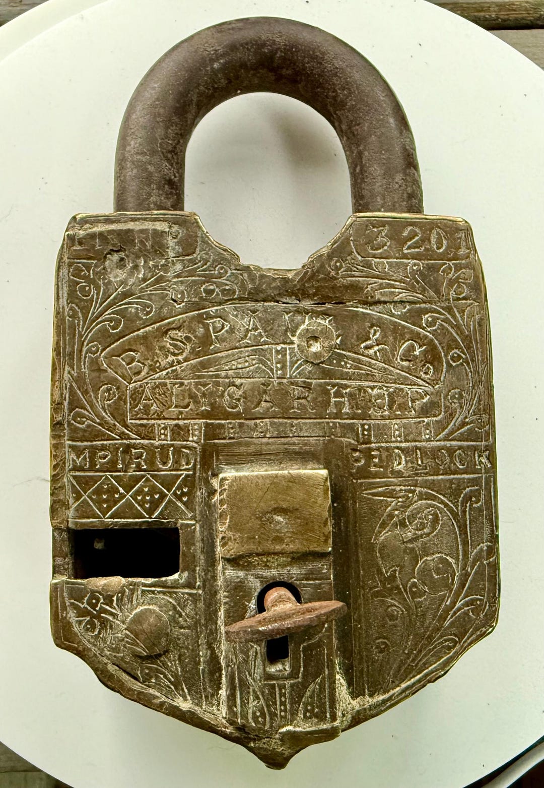 Antique Aligarh Hand Engraved Brass Indian Padlock. Working Order With ...