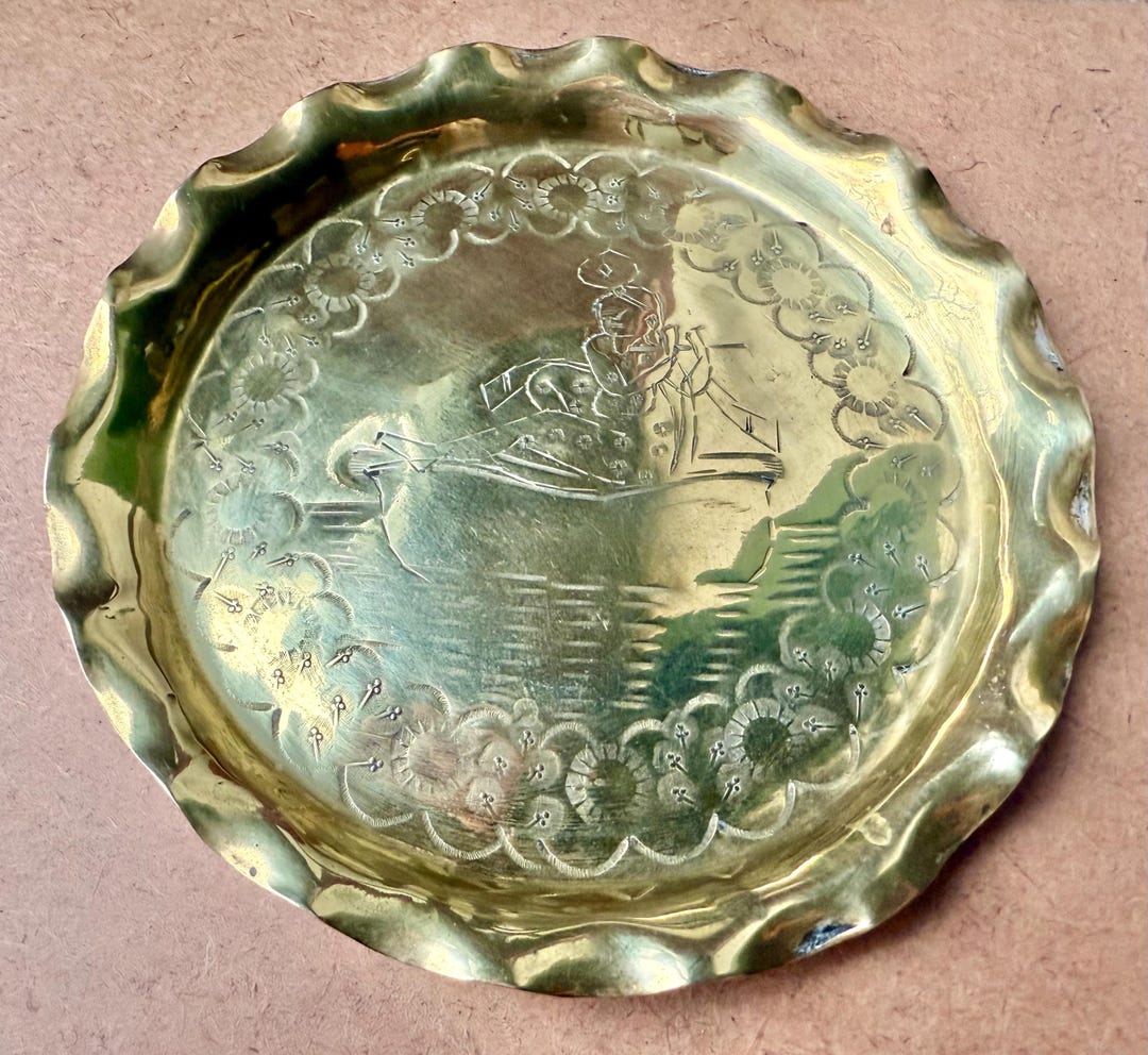 Antique Indian Engraved Brass Tray, Krishna, Bar Ware, Brass Plate ...