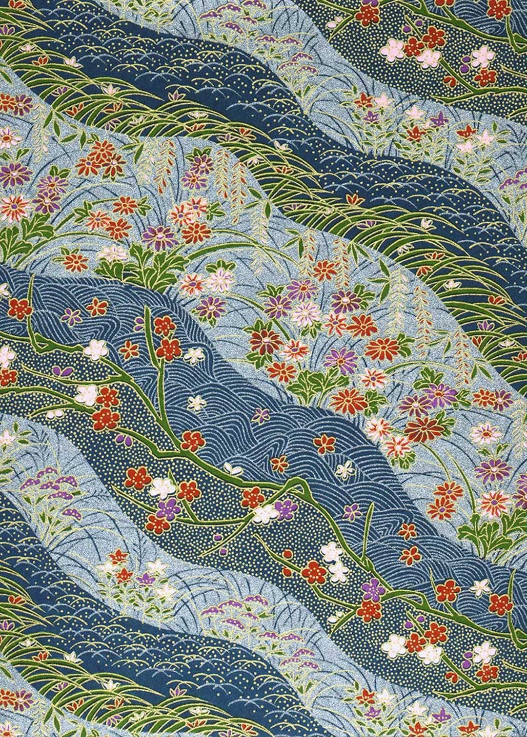 Japanese Chiyogami Paper Botanical Floral Blue Silver Multi Color ...