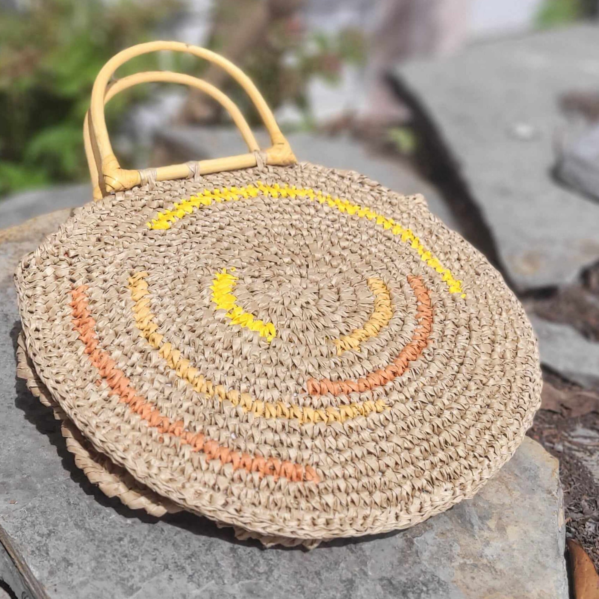 Multicolor Round Raffia Beach Bag With Bamboo Handle - Perfect Gift for ...
