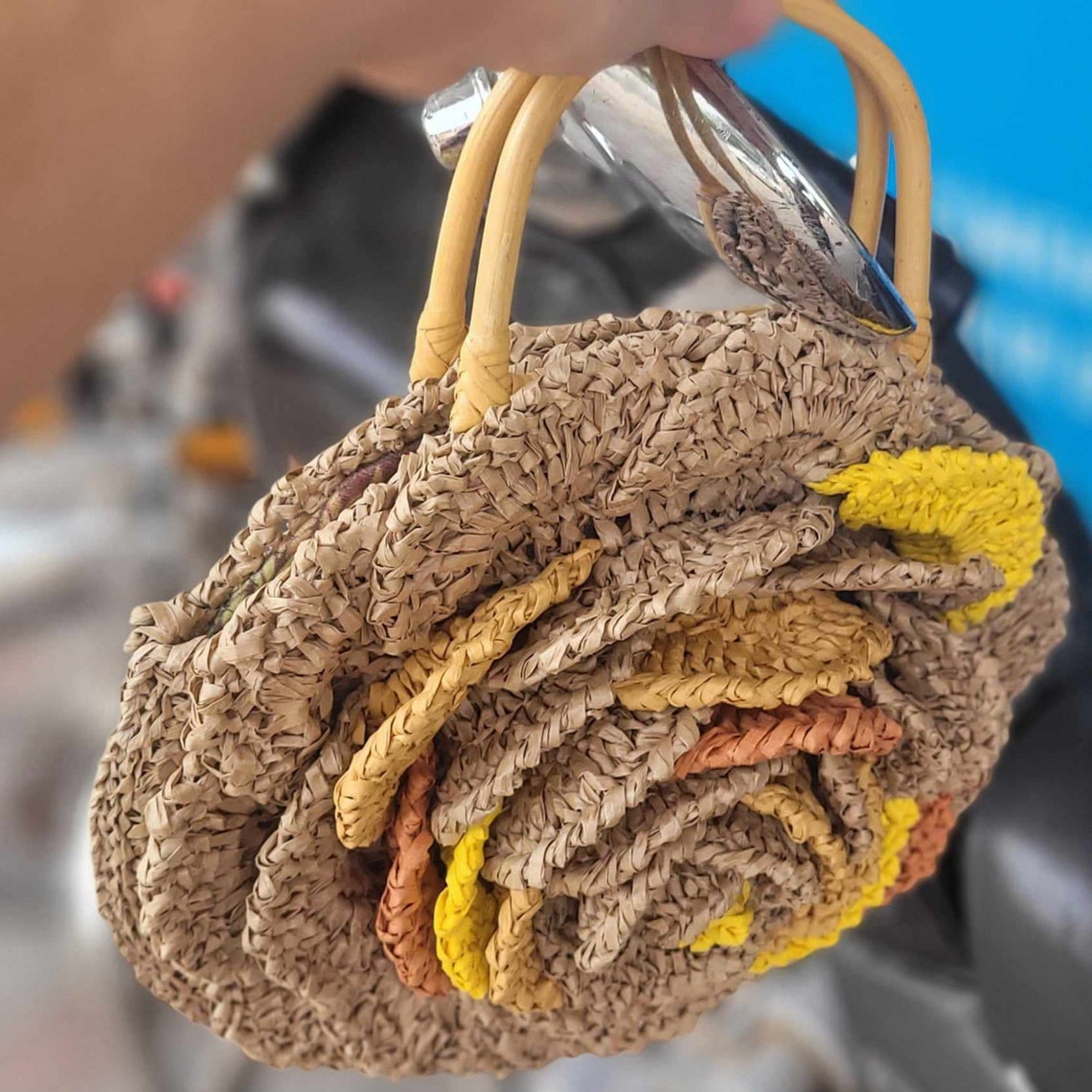 Multicolor Round Raffia Beach Bag With Bamboo Handle Perfect Gift for ...
