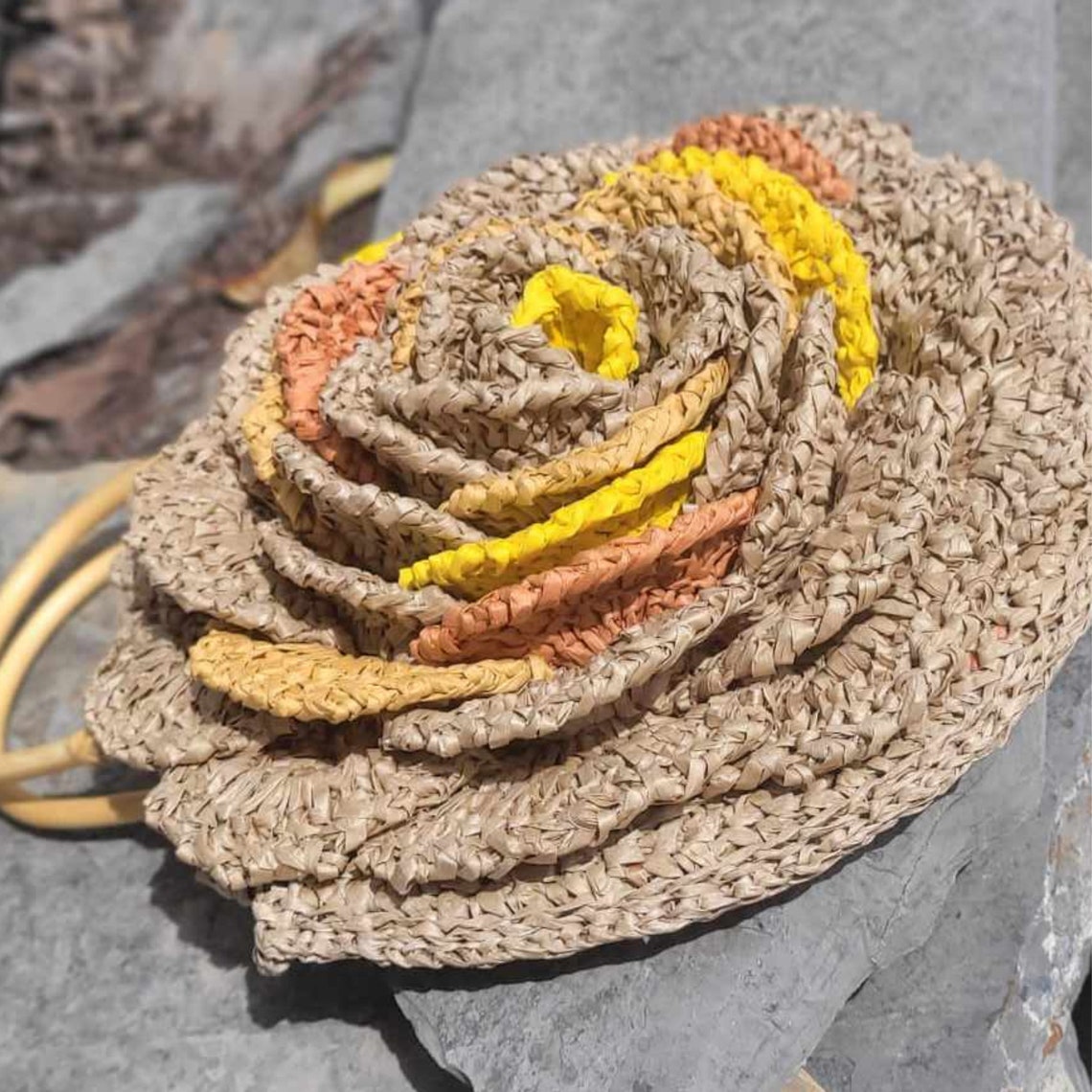 Multicolor Round Raffia Beach Bag With Bamboo Handle Perfect Gift for ...