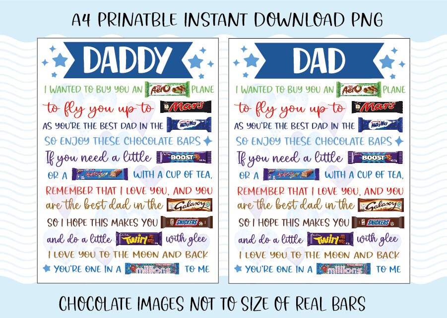 Daddy / Dad Chocolate Poem A4 Printable Instant Download DIY Birthday ...