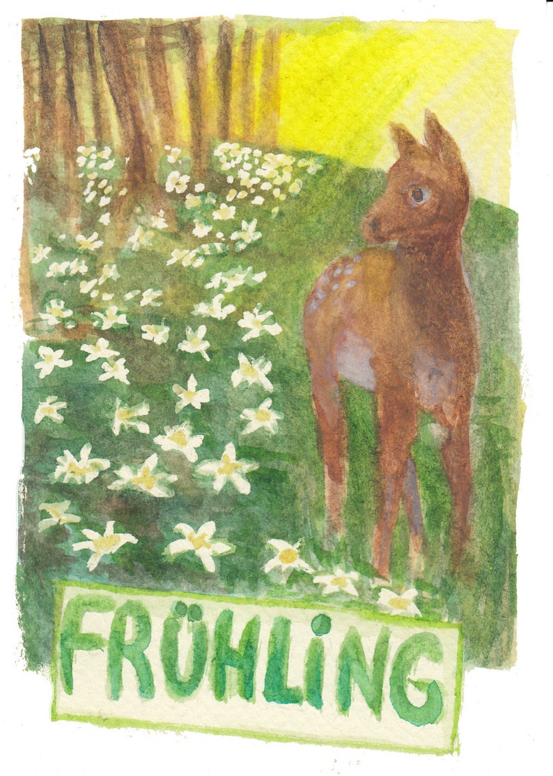 Postcard Spring Waldorf Deer Forest Light Watercolor Hand Painted ...