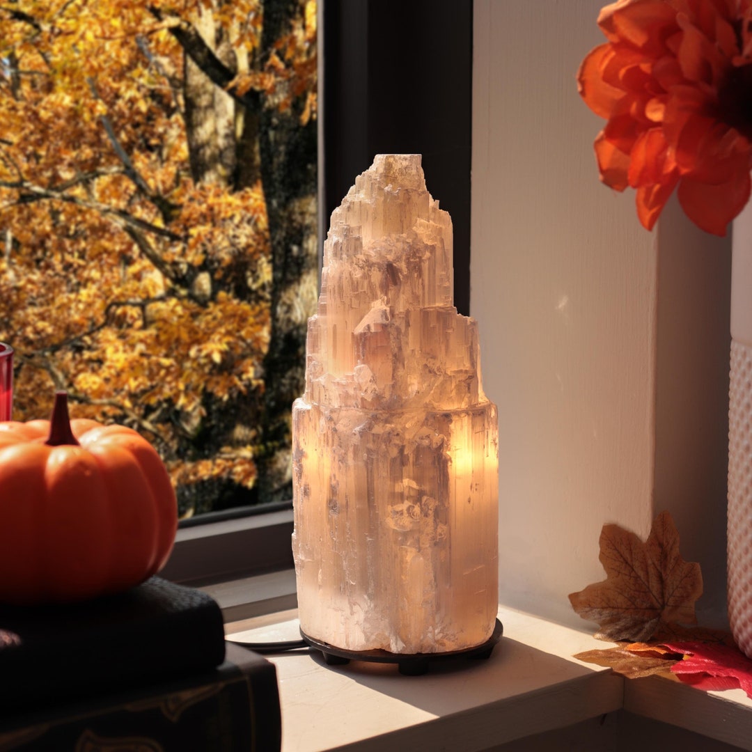 Selenite Crystal Tower Lamp, Dimmable White Light, Natural Calming ...