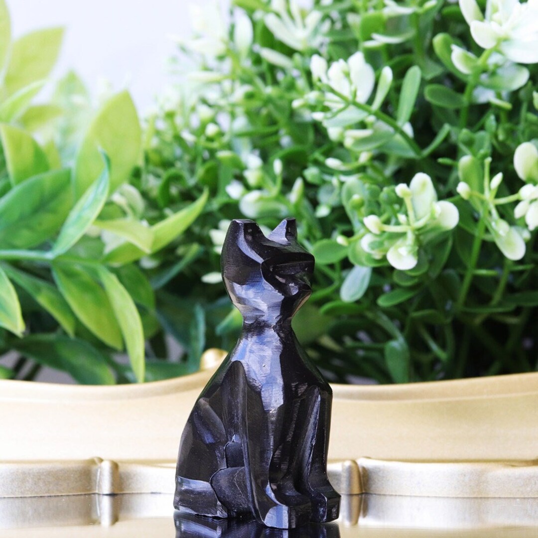 Black Obsidian Cat, Obsidian Polished Crystal, Cat Statue, Ethically ...