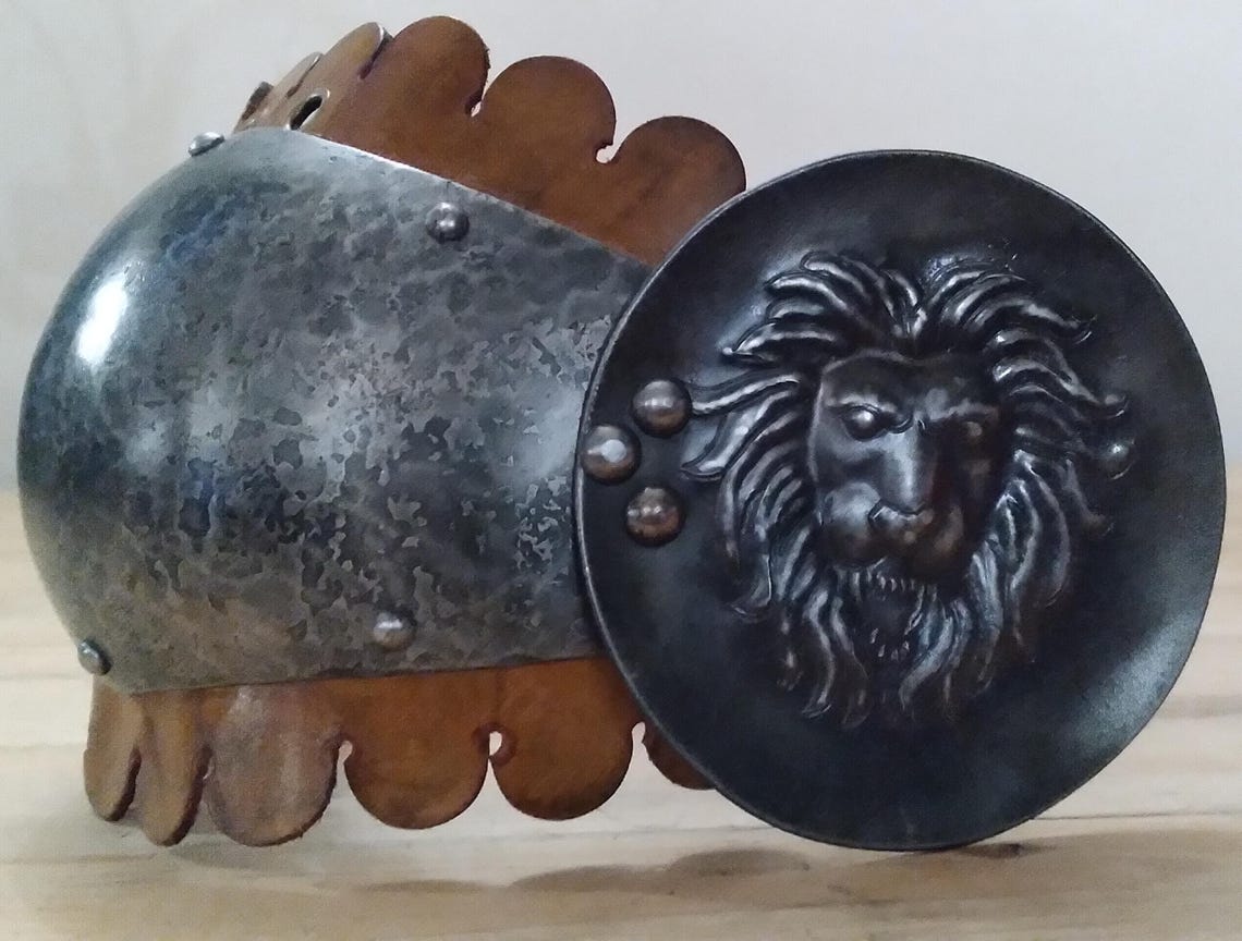 Hand Forged 16GA Lion Head Embossed Tudor Rose Elbow Cops SCA Knee ...