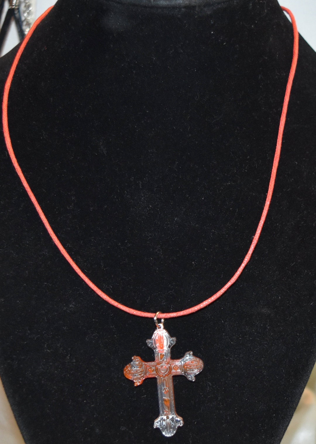 Red Decorative Cross in Resin on Red Cord With Silver Chain Necklace ...