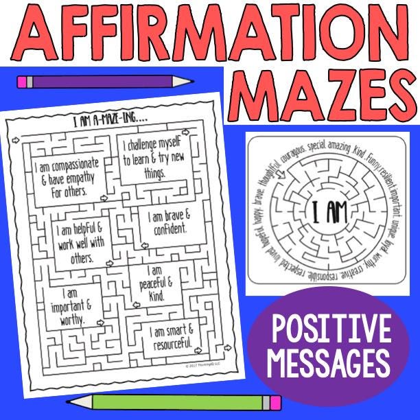 Affirmation Printable Mazes, Positive Thinking and Mindfulness Activity ...