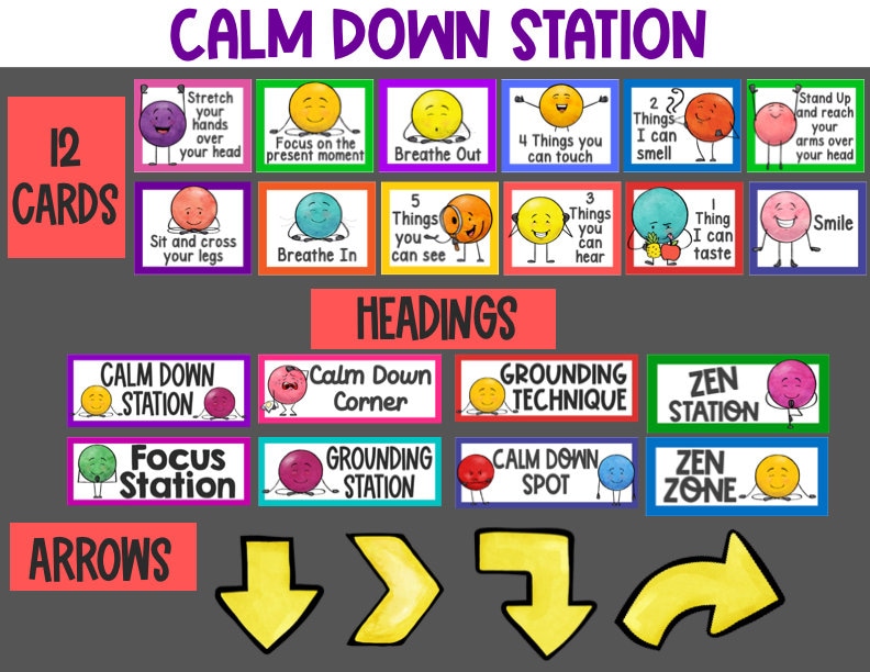 Calm Down Station: Classroom Decor, Grounding Technique Cards (3 PDF ...