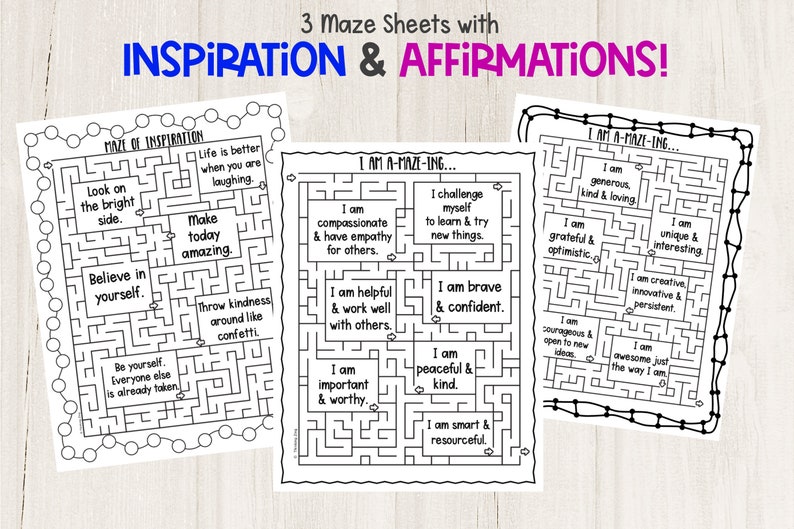Affirmation Printable Mazes, Positive Thinking and Mindfulness Activity ...