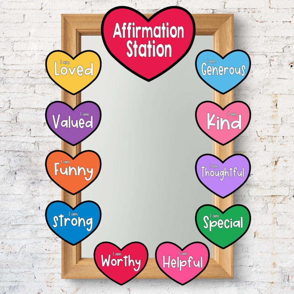 Heart Affirmation Station valentine's Day Classroom Bulletin mirror ...