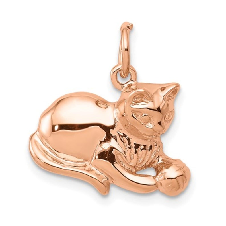 14K Yellow, White, or Rose Gold 3-D Cat With Ball Charm - Etsy