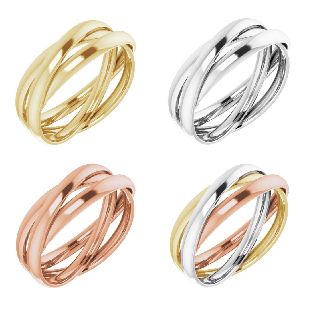 14K Yellow, White, or Rose Gold Three Band Rolling Ring - Etsy