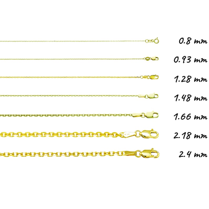 Solid 14K Yellow Gold D/C Cable Chain Necklace, 16"-24" Inch, 0.8mm-2 ...