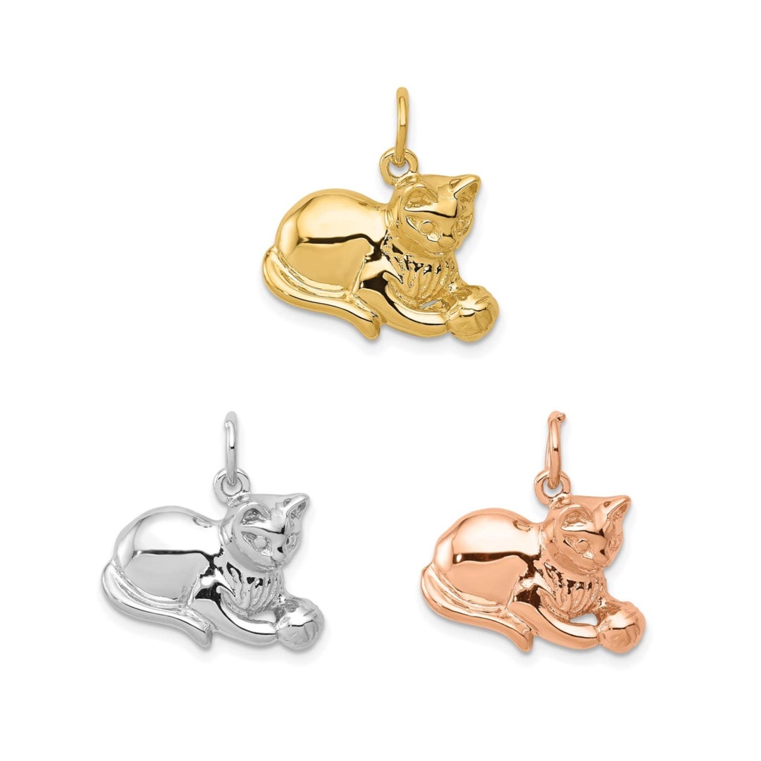 14K Yellow, White, or Rose Gold 3-D Cat With Ball Charm - Etsy