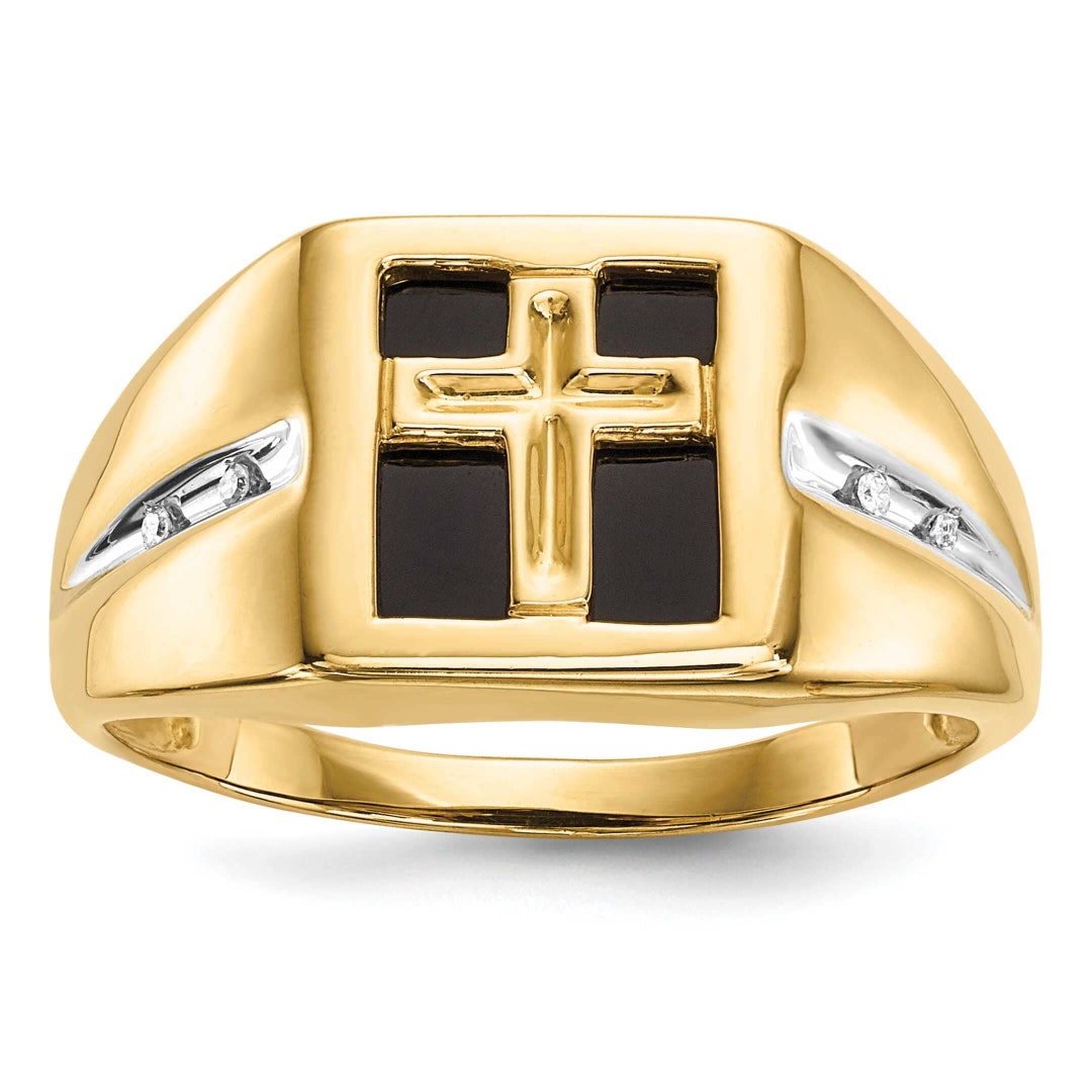 14K Yellow Gold and Diamond Accents Onyx Cross Ring - Etsy