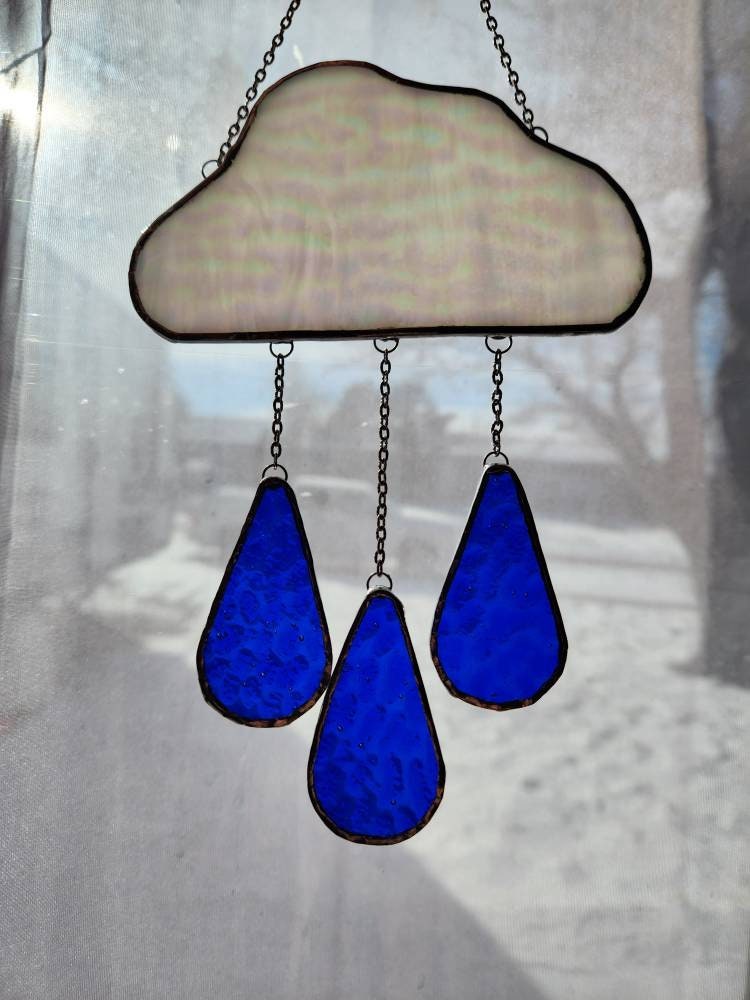Genuine Tiffany Stained Glass Cloud and Raindrops Suncatcher by ...