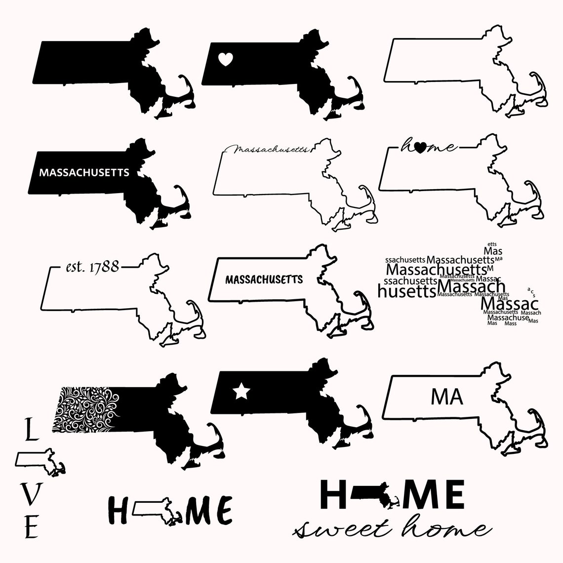 Massachusetts SVG Bundle, Silhouette, Massachusetts State Clipart ...
