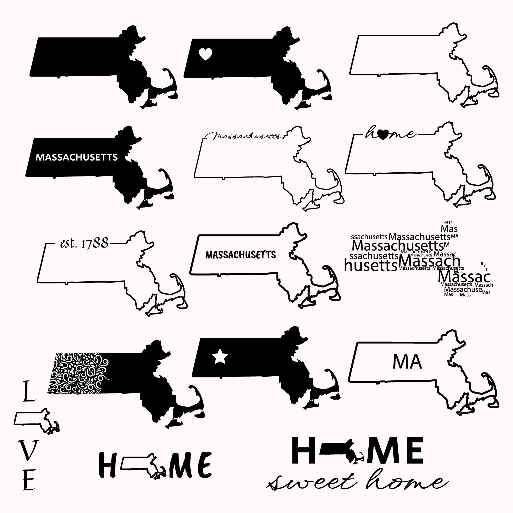 Massachusetts SVG Bundle Silhouette Massachusetts State - Etsy
