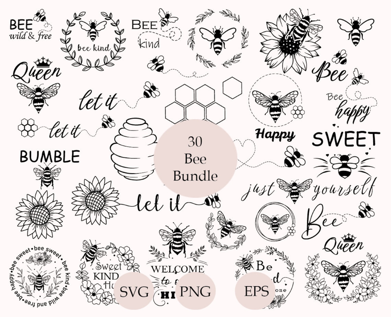 Paquete SVG de abeja, abejorro SVG, miel SVG, clipart de abeja, silueta ...