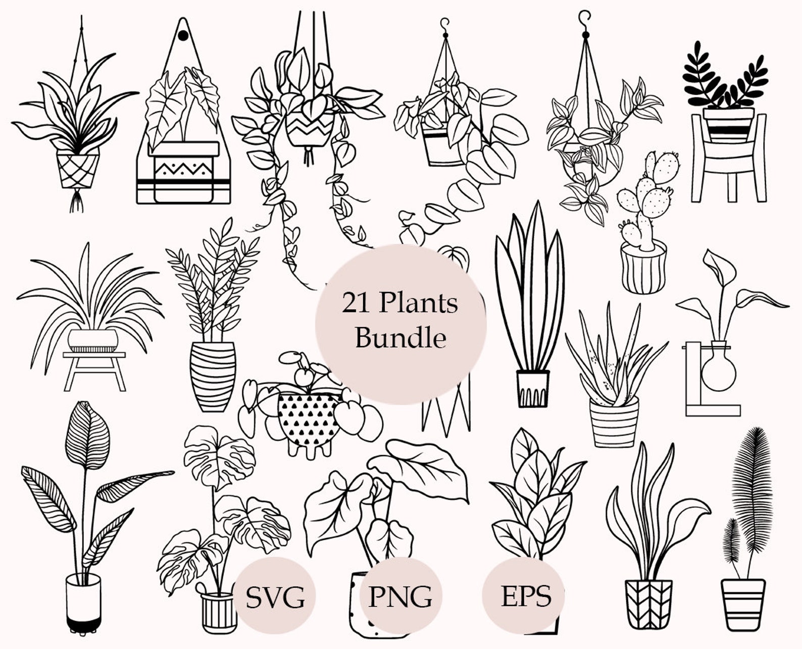 Plants SVG Bundle, Hand Drawn Clipart, Hanging Plant Svg, Gardening ...