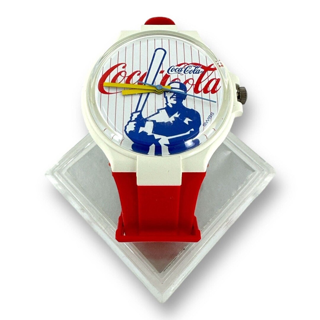 Vtg Swatch Swiss Coca Cola Baseball Wrist Watch Red Blue White Water ...