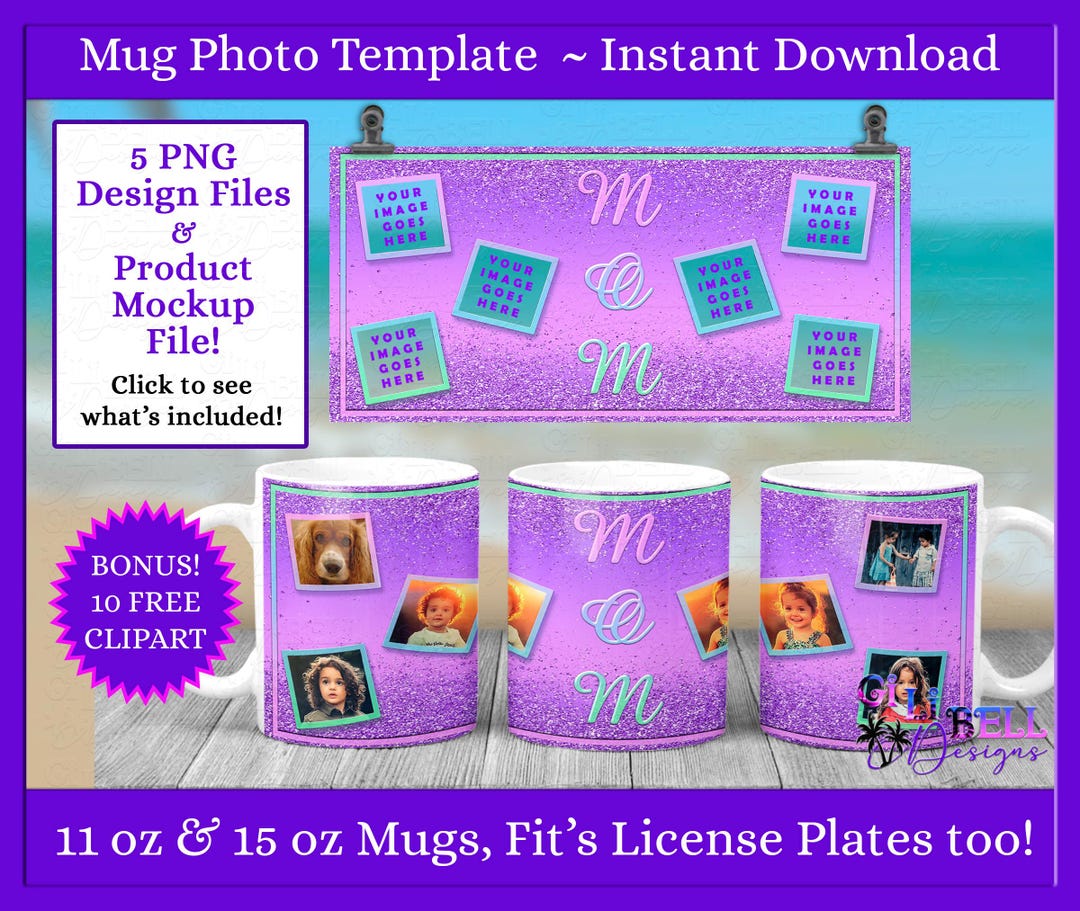 MOM Collage PNG – Purple Glitter Design With Six Photo Slots and Fancy ...