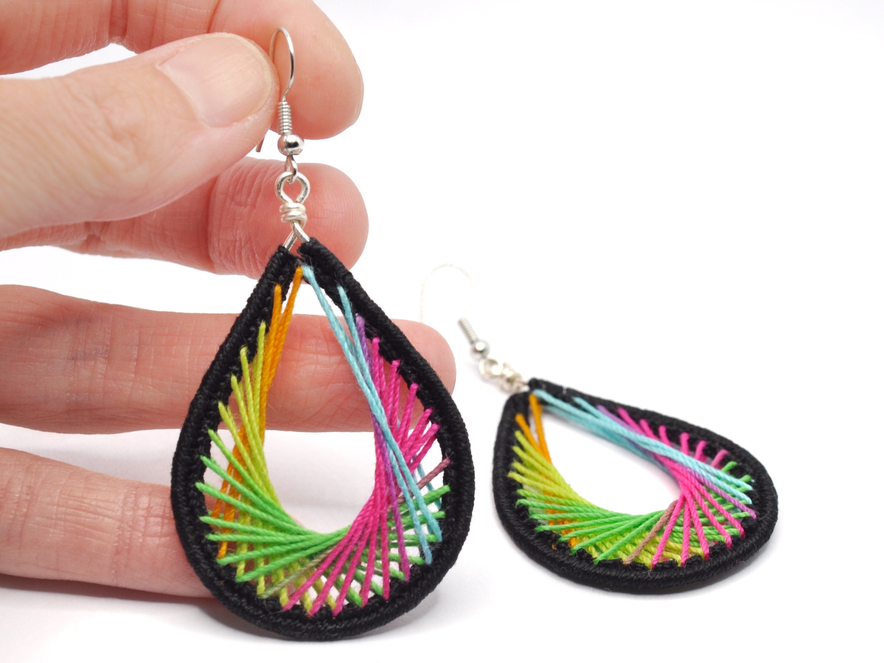 Rainbow String Art Earrings, Handmade Crochet Earrings, Lightweight ...