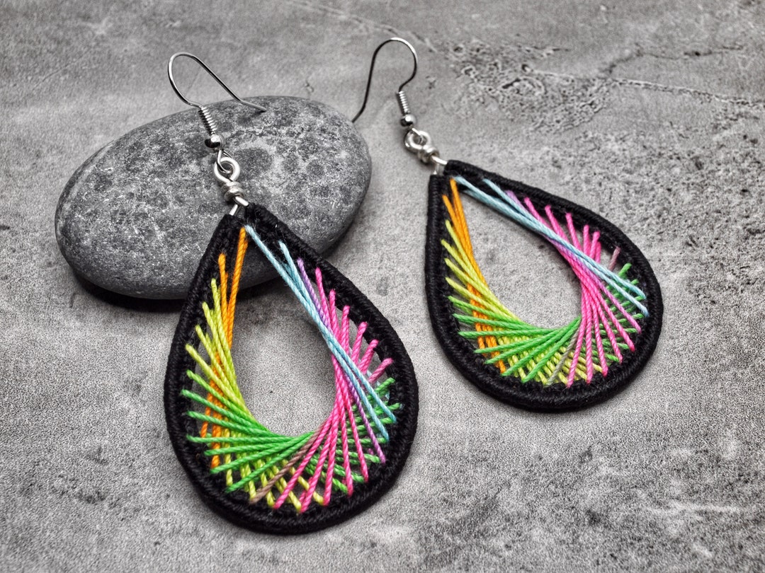 Rainbow String Art Earrings, Handmade Crochet Earrings, Lightweight ...