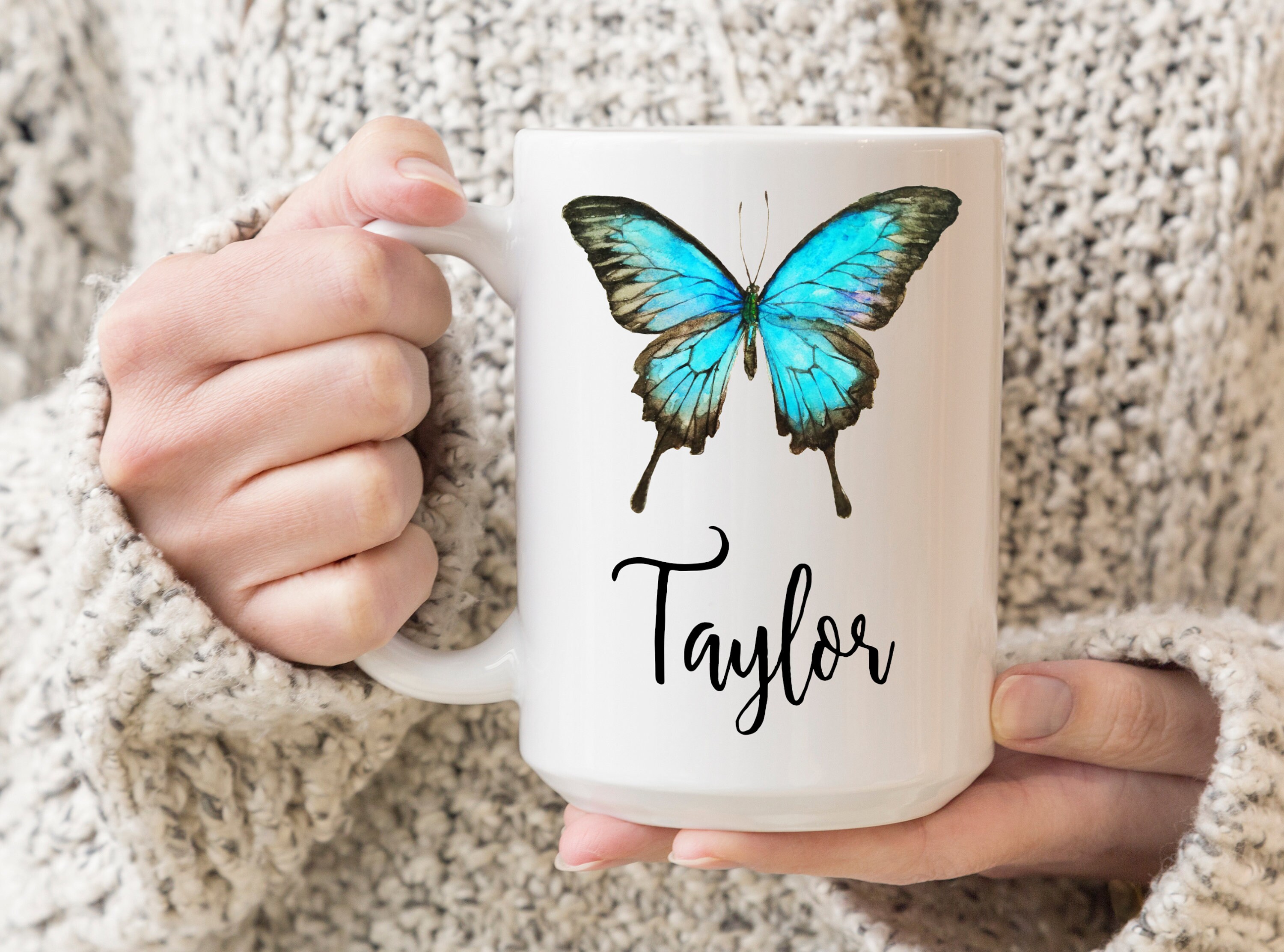Butterfly Mug With Personalized Name, Blue Butterfly Gift, Personalized ...