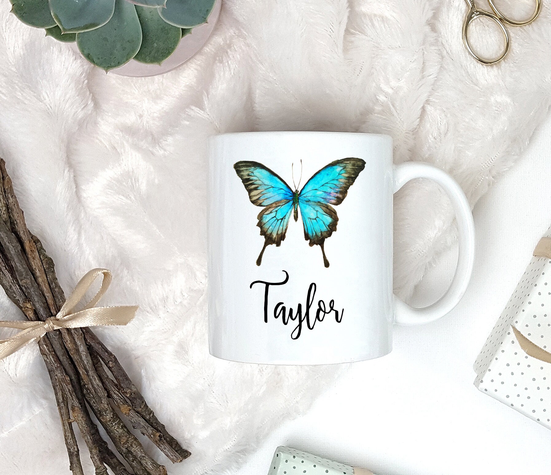 Butterfly Mug With Personalized Name, Blue Butterfly Gift, Personalized ...