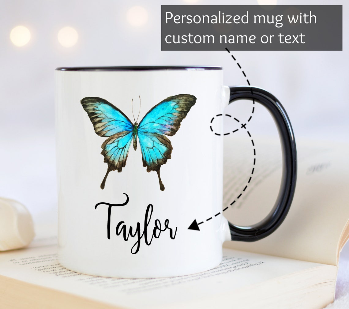 Butterfly Mug With Personalized Name, Blue Butterfly Gift, Personalized ...