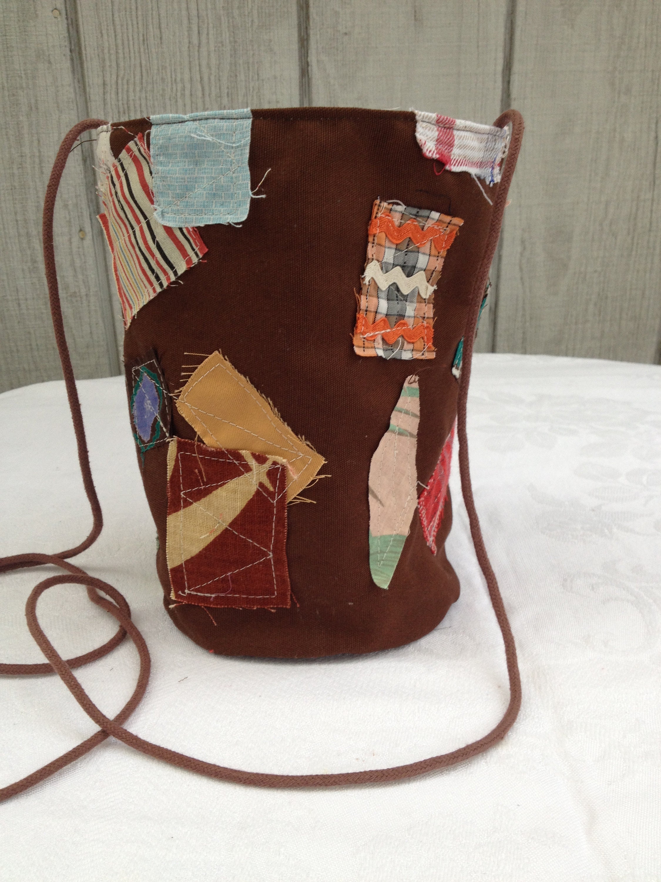Round bucket bag, cross body bag, fabric patchwork handbag, one of a ...